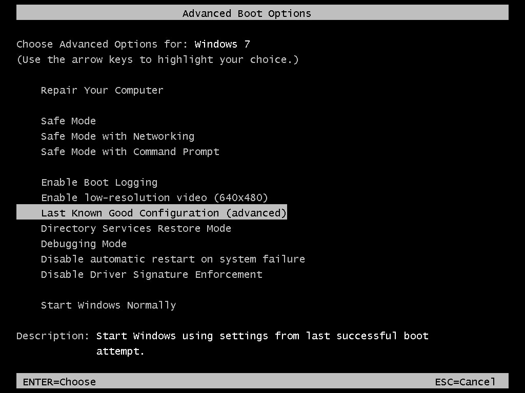 Booting Windows Into Last Known Good Configuration