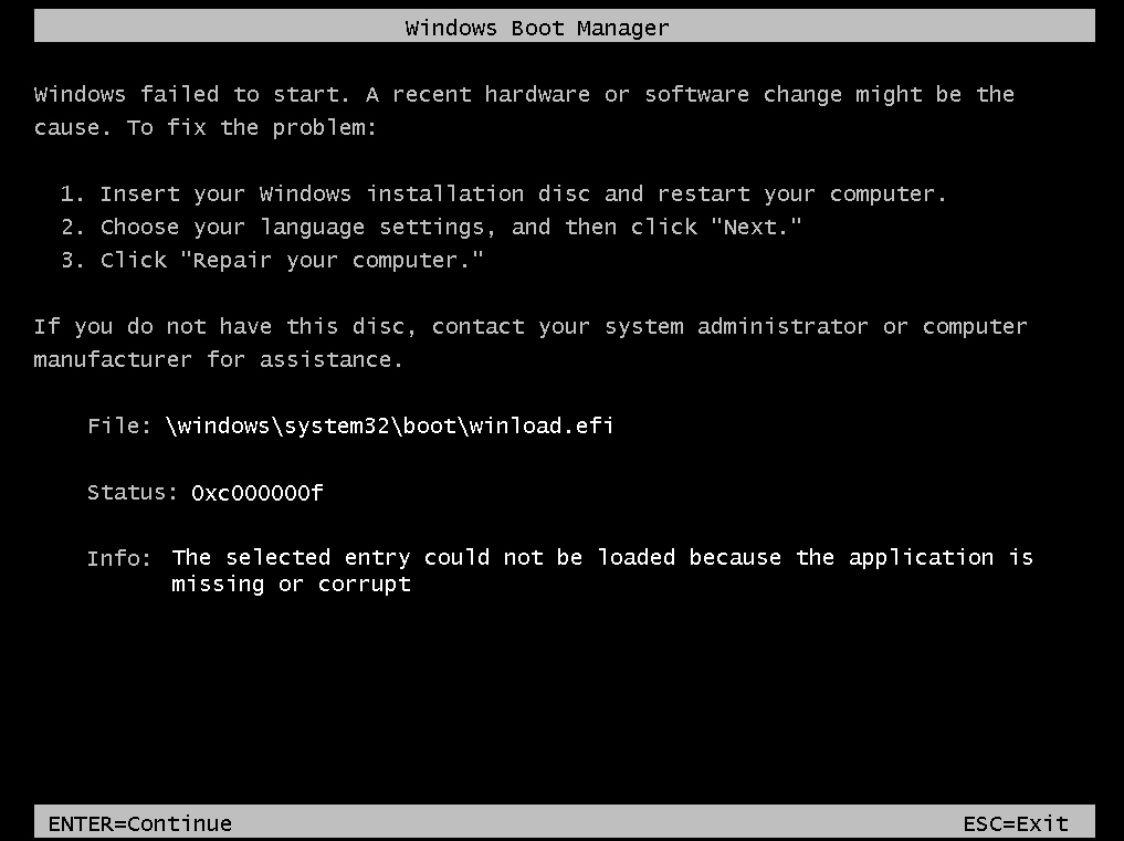 winload.efi missing or corrupt: Fix for Windows 7, 8